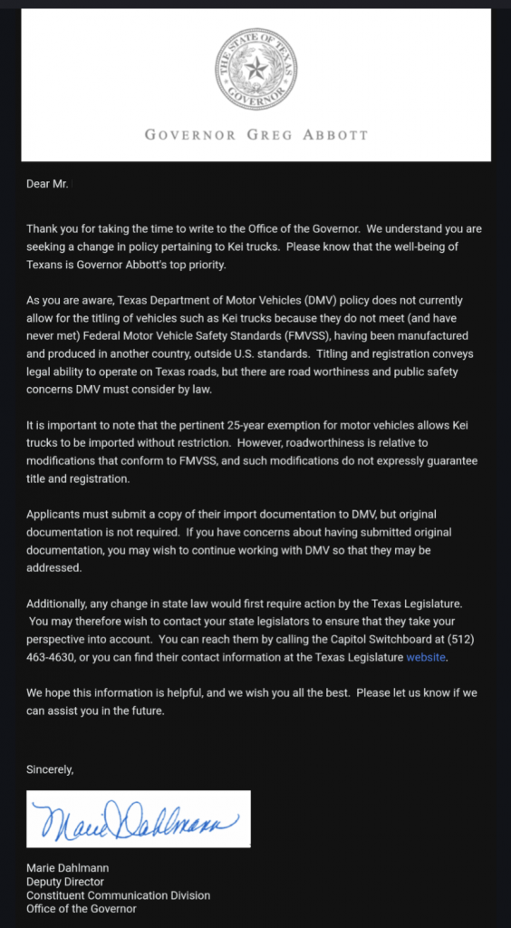 Here’s The Letter From The Texas DMV That Lets People Drive Imported ...